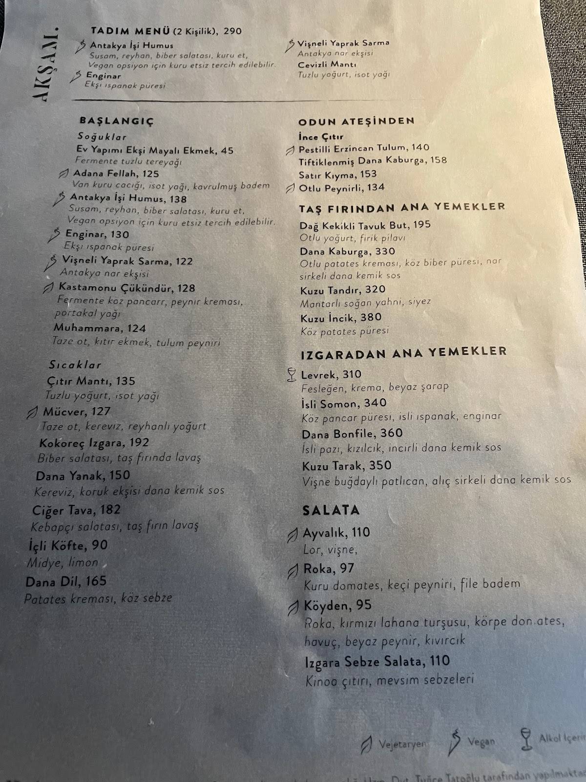 Menu at Sapa İstanbul, Istanbul