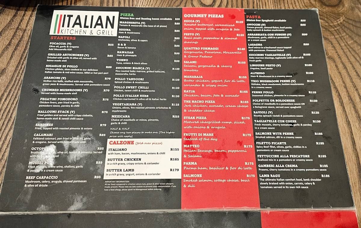 Menu at Italian kitchen & grill at emperors palace restaurant, Kempton Park
