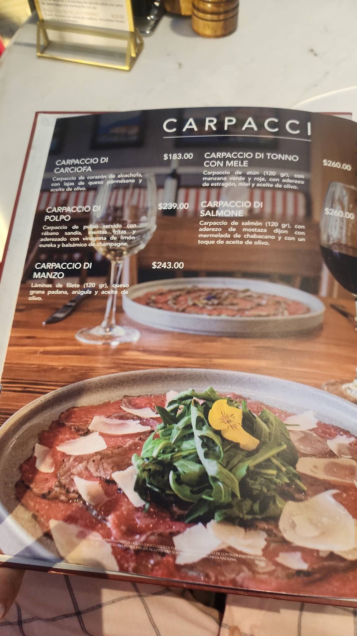 Menu at Italico Trattoria restaurant, Ciudad López Mateos
