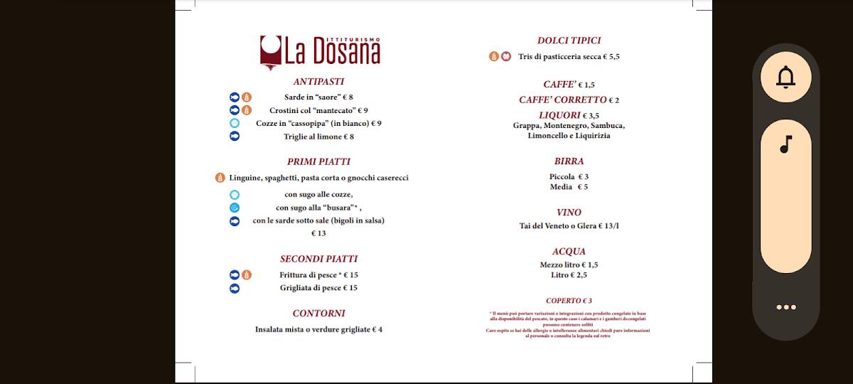 Menu at Ittiturismo La Dosana restaurant, Chioggia, Molo Sud Bocca di