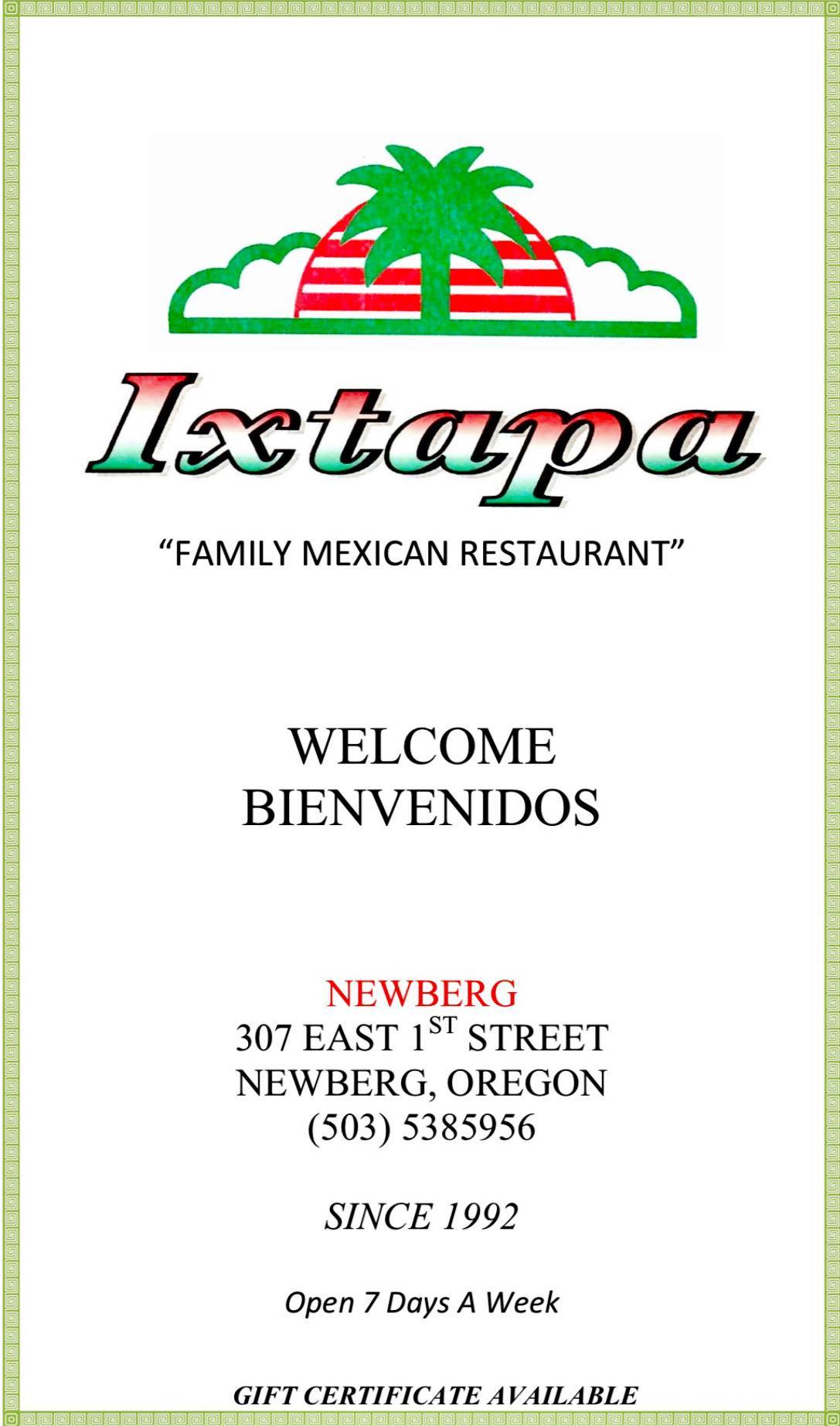 Menu at Ixtapa Restaurant, Newberg