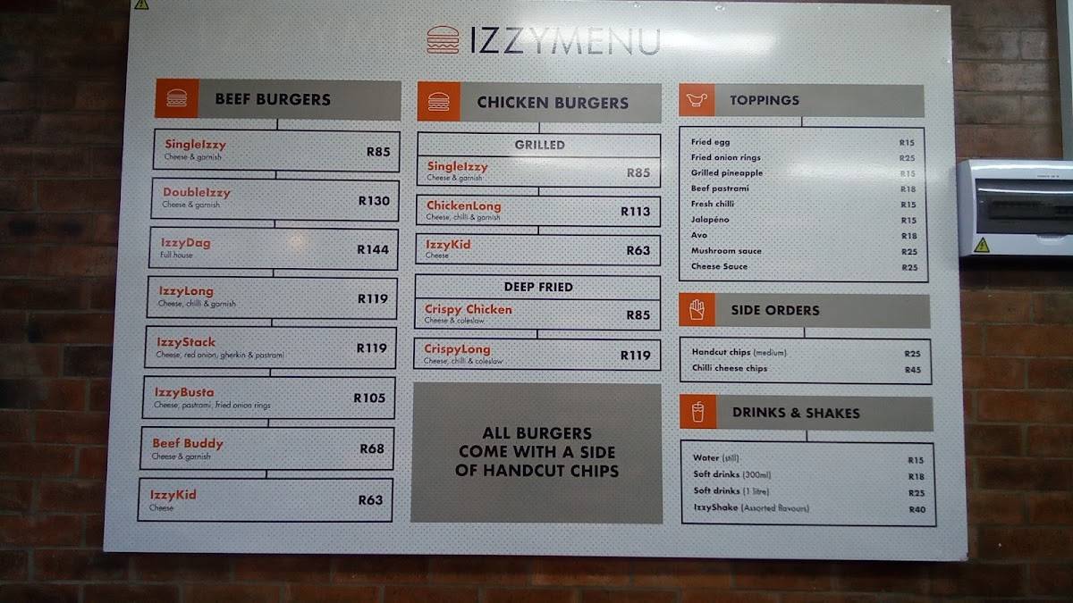 Menu at Izzyburger Woodstock restaurant, Cape Town
