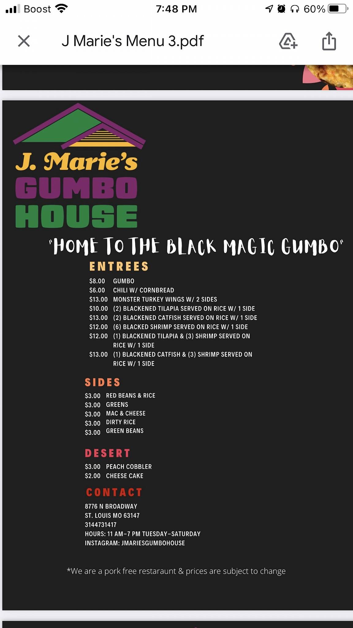 Carta del restaurante J Marie’s Gumbo House, San Luis