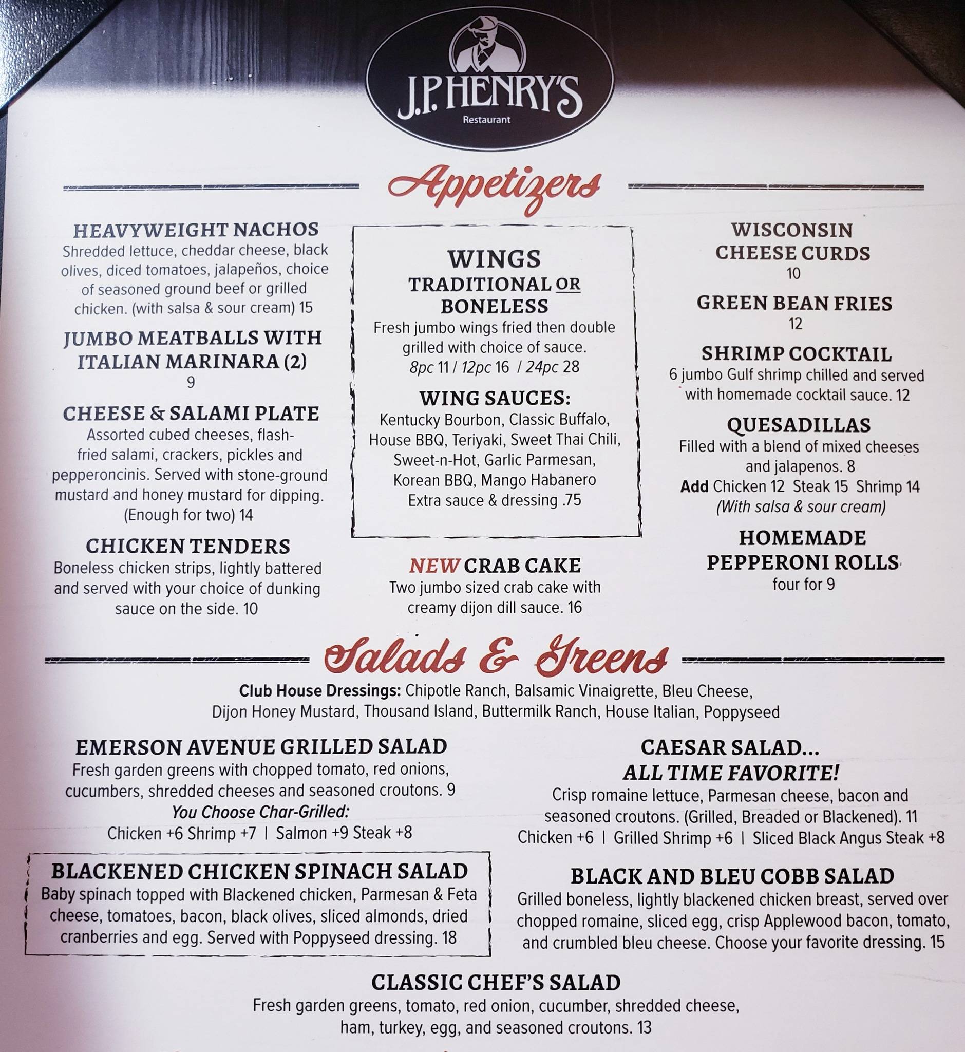 Menu at J.P. Henry's Restaurant, Parkersburg