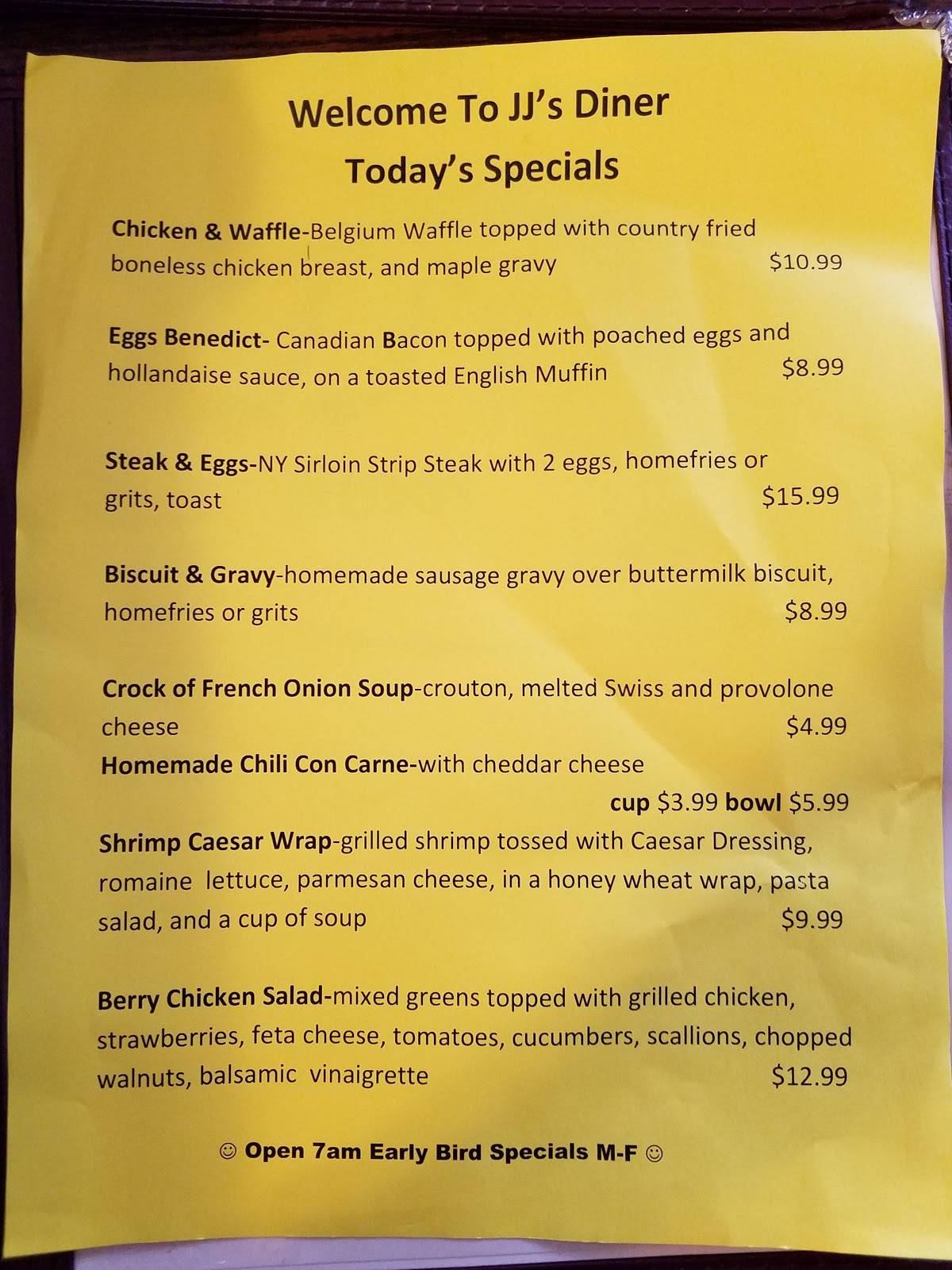 Menu at JJ’s Diner restaurant, Egg Harbor Township