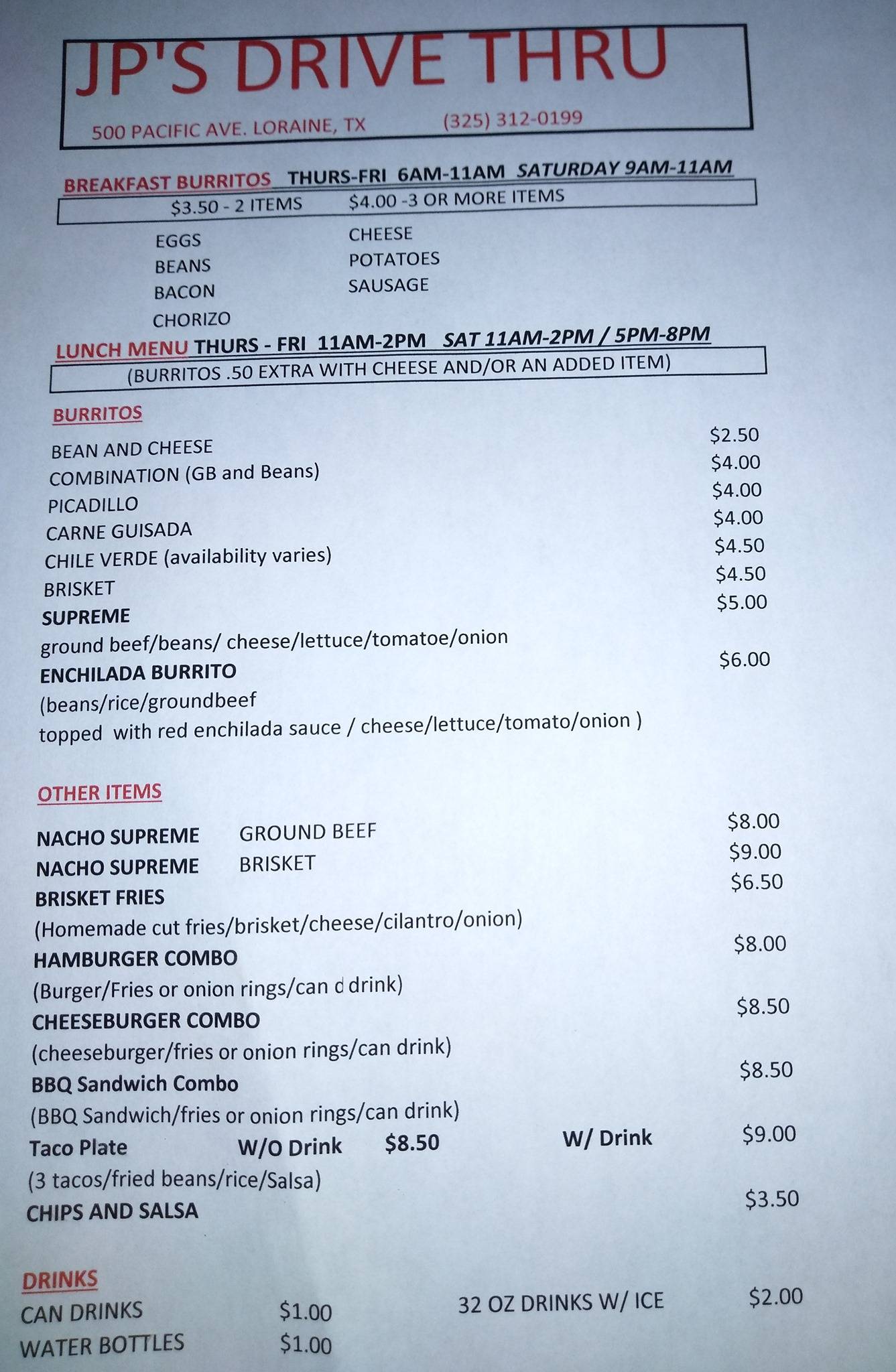 Menu at JP's Drive Thru restaurant, Loraine