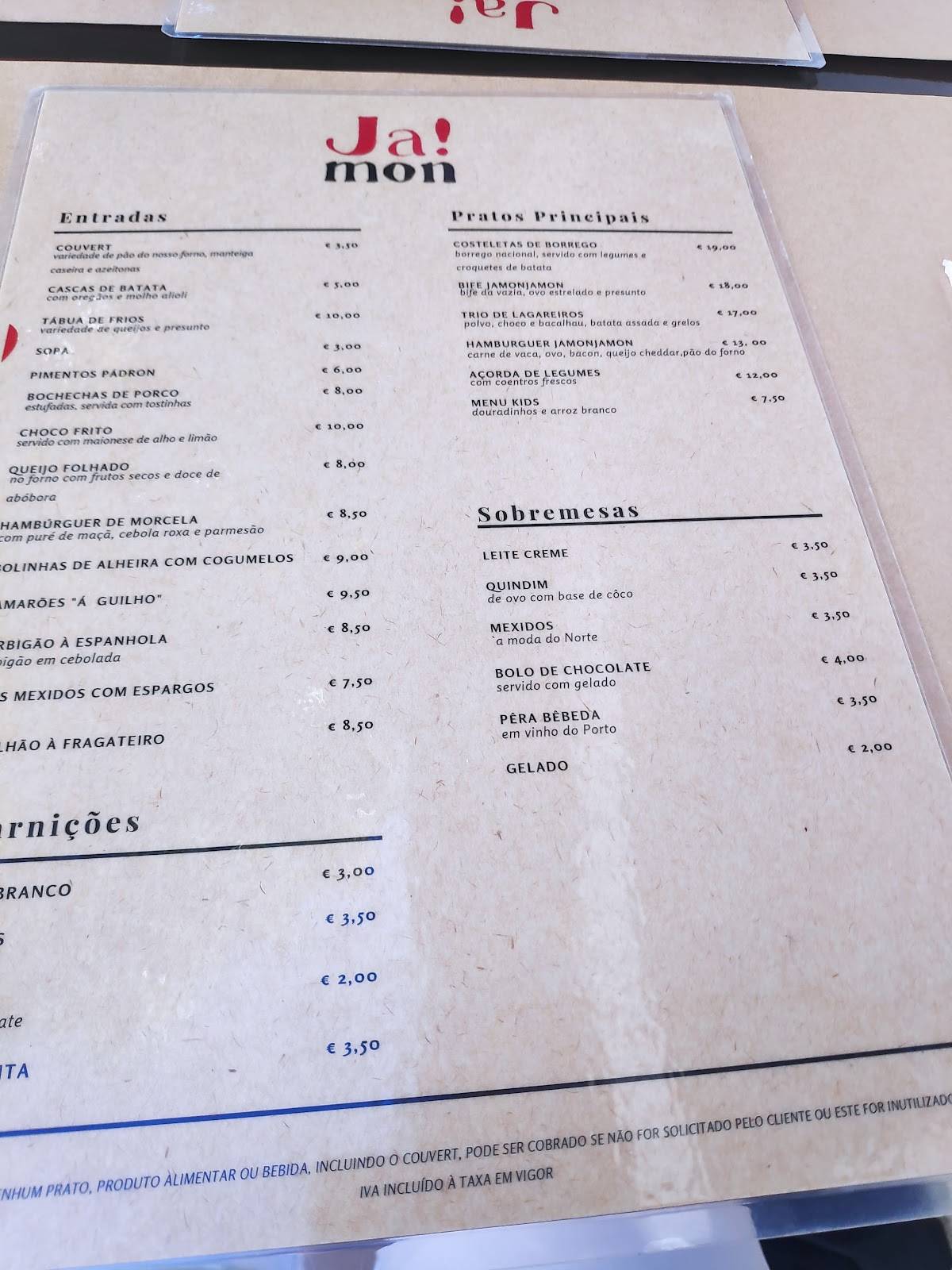 Menu at Ja!mon Ja!mon pub & bar, Óbidos Municipality