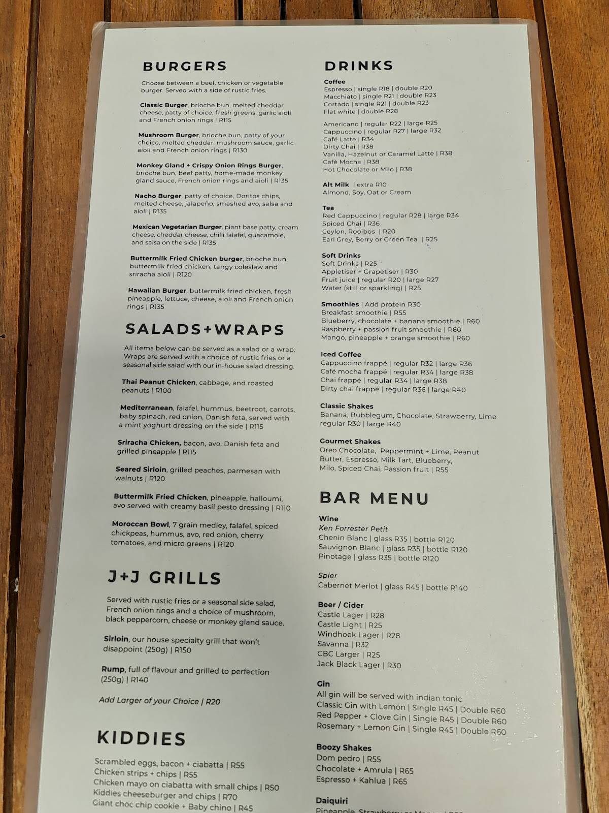 Menu at Jack & Jules restaurant, Cape Town