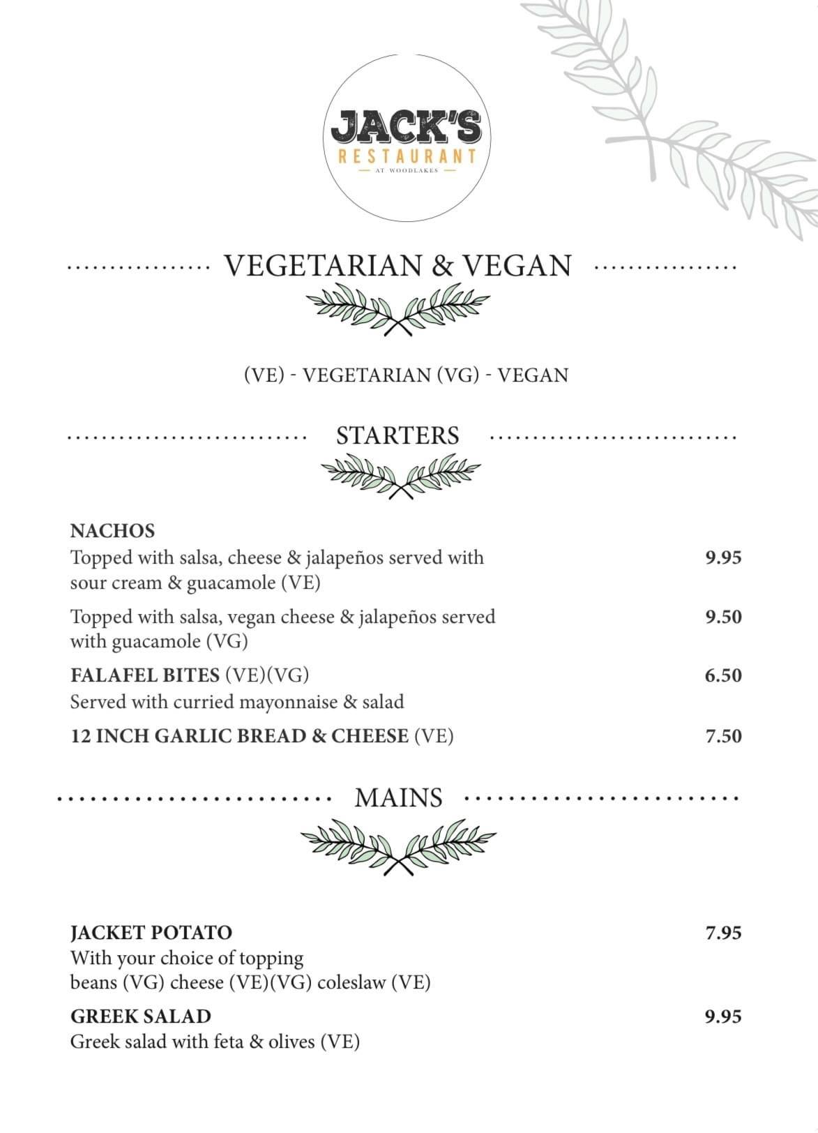 Menu at Jacks at Woodlakes restaurant, Stowbridge