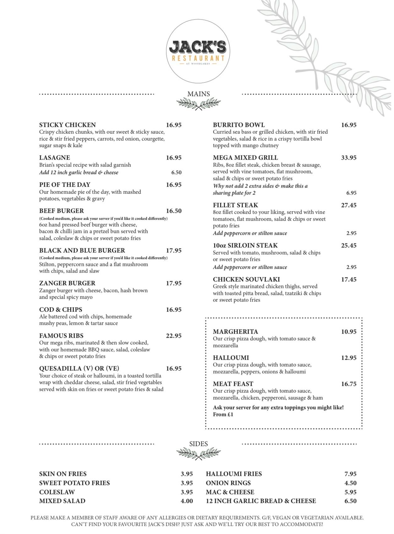 Menu at Jacks at Woodlakes restaurant, Stowbridge