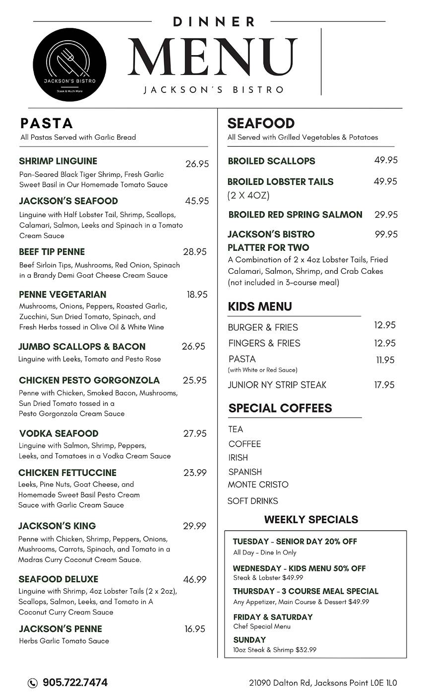 Menu at Jackson’s Bistro steakhouse, Georgina