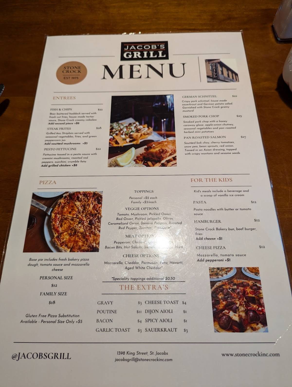 Menu at Jacob's Grill restaurant, Saint Jacobs