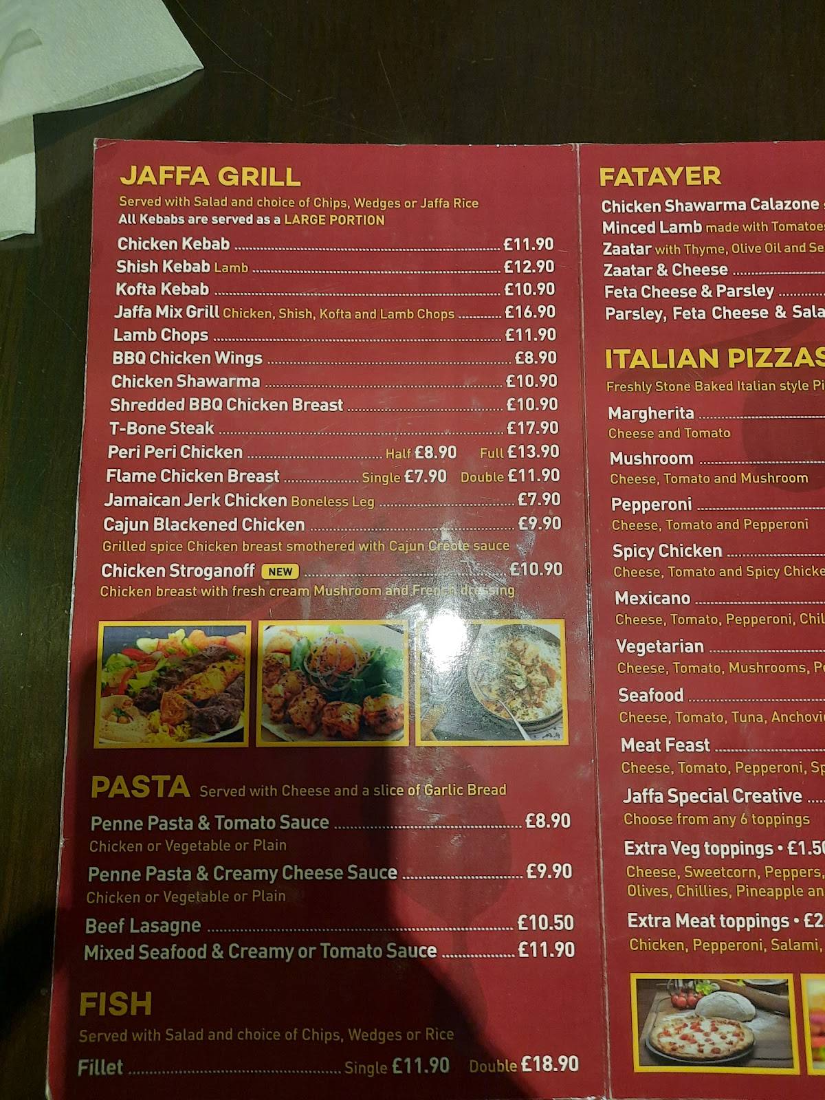 Menu at Jaffa Restaurant, Preston