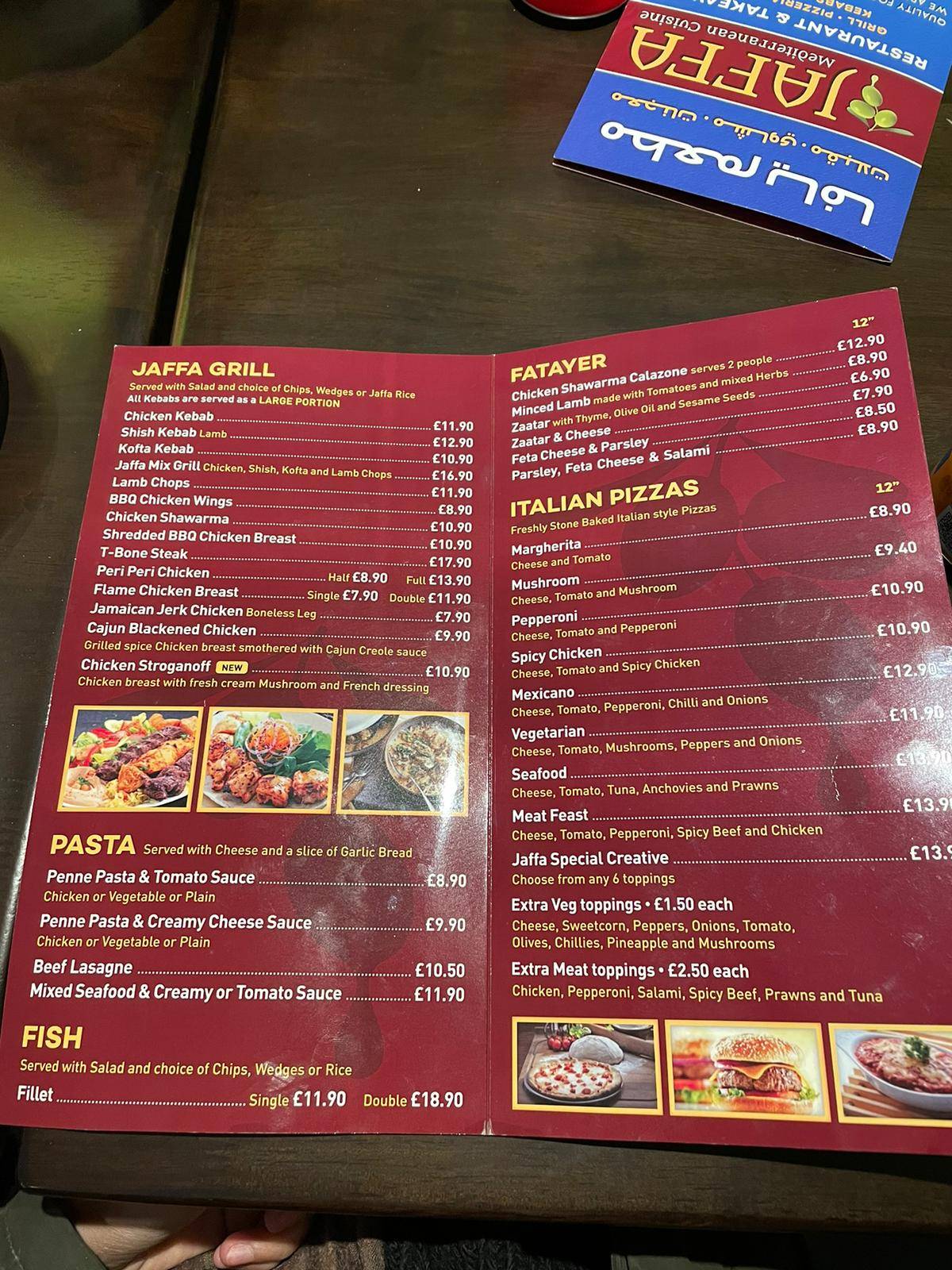 Menu at Jaffa Restaurant, Preston