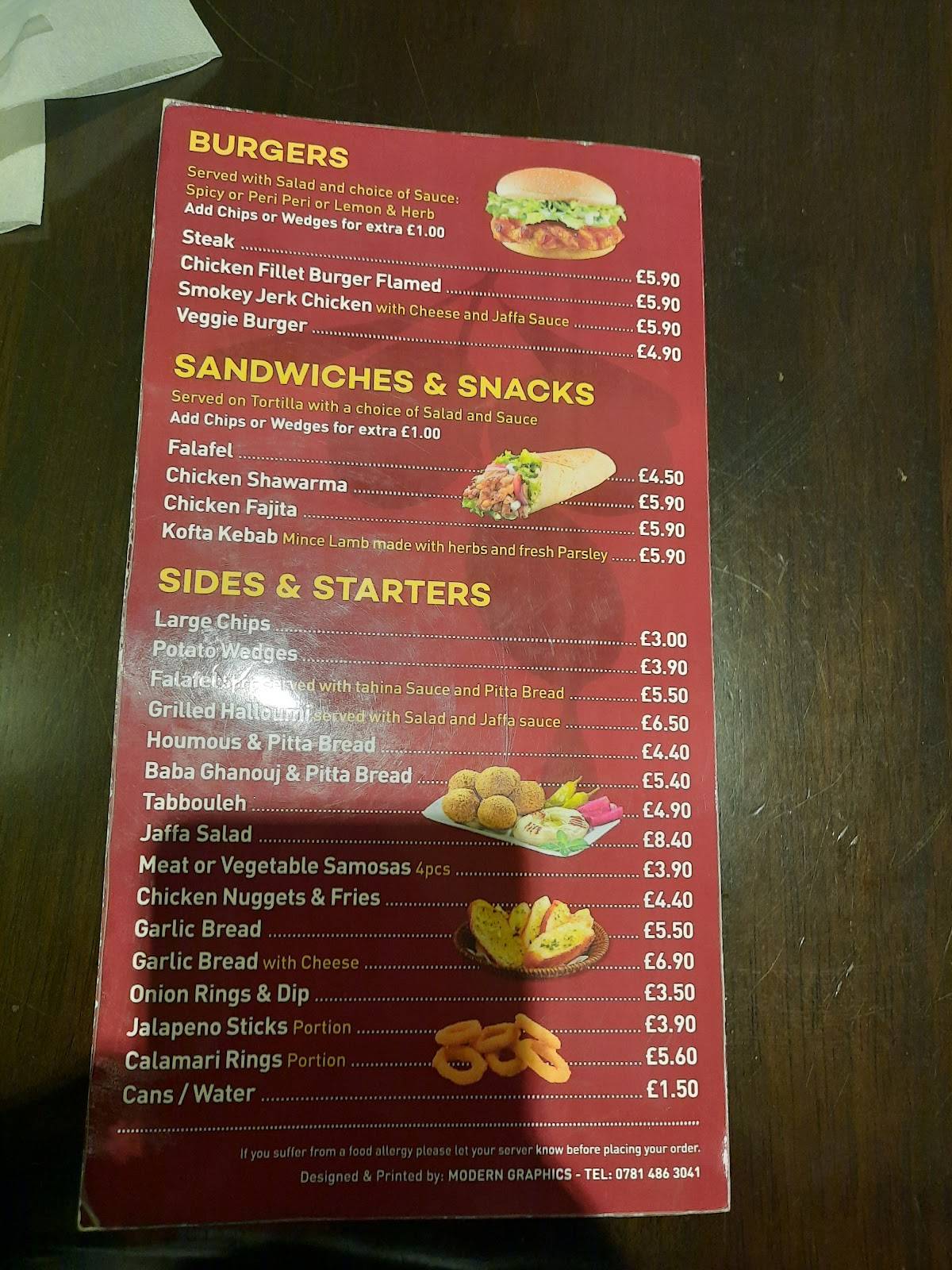 Menu at Jaffa Restaurant, Preston