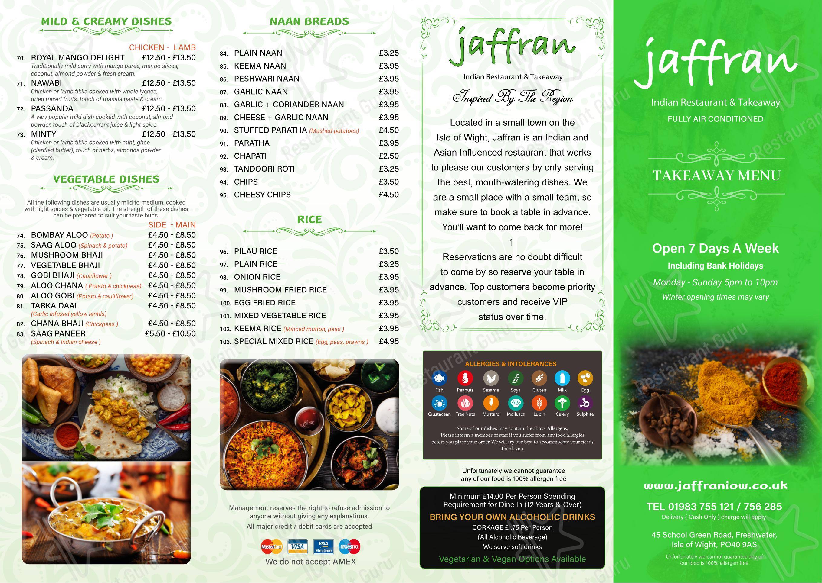 Menu at Jaffran Indian Restaurant and Takeaway, Freshwater