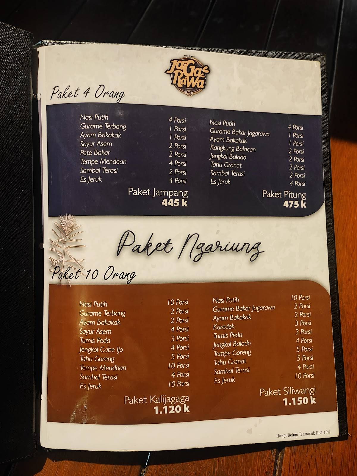 Menu at Jagarawa restaurant, Tangerang