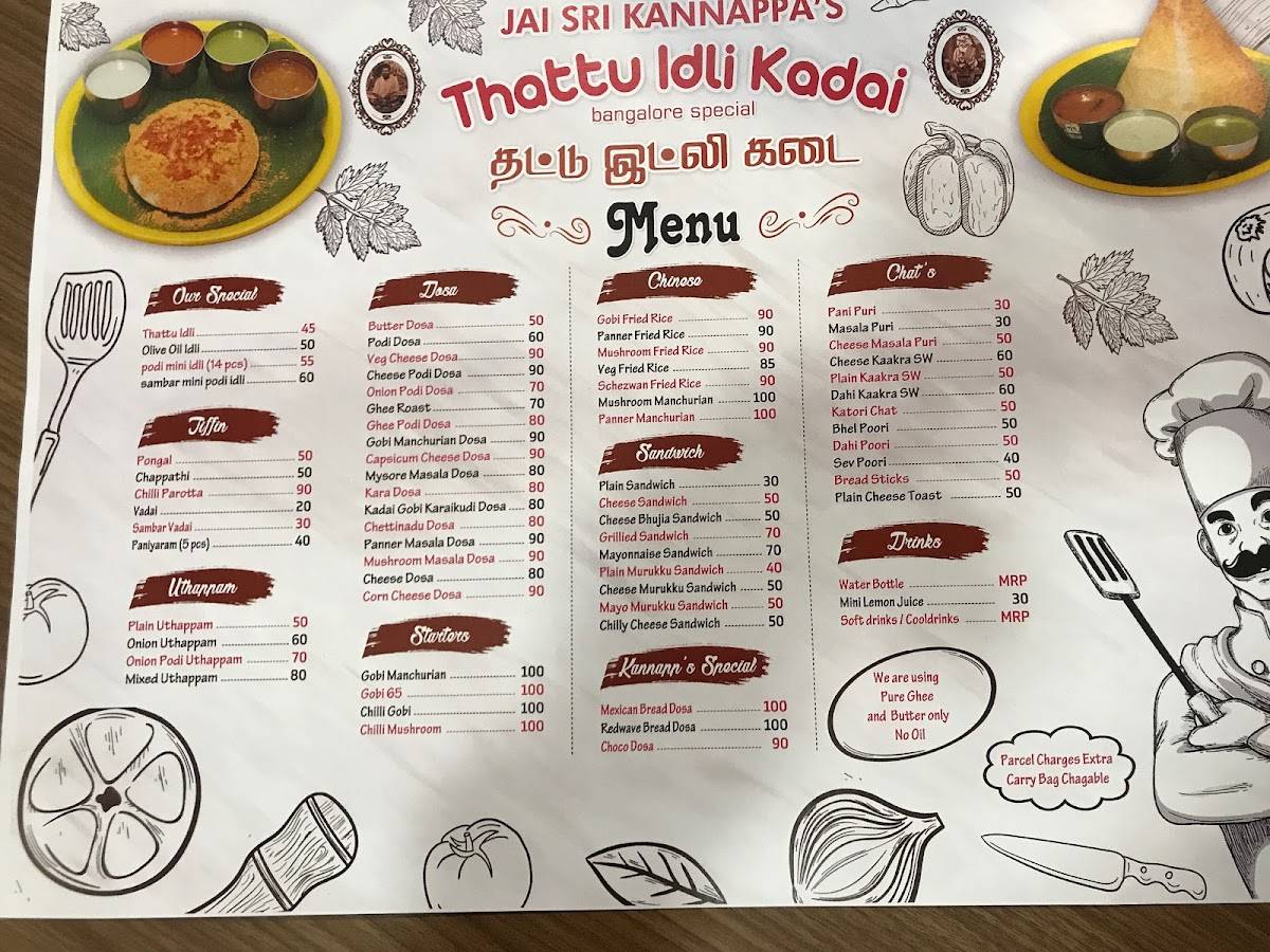 Menu at Jai sri kannappas thattu idli kadai, Chennai