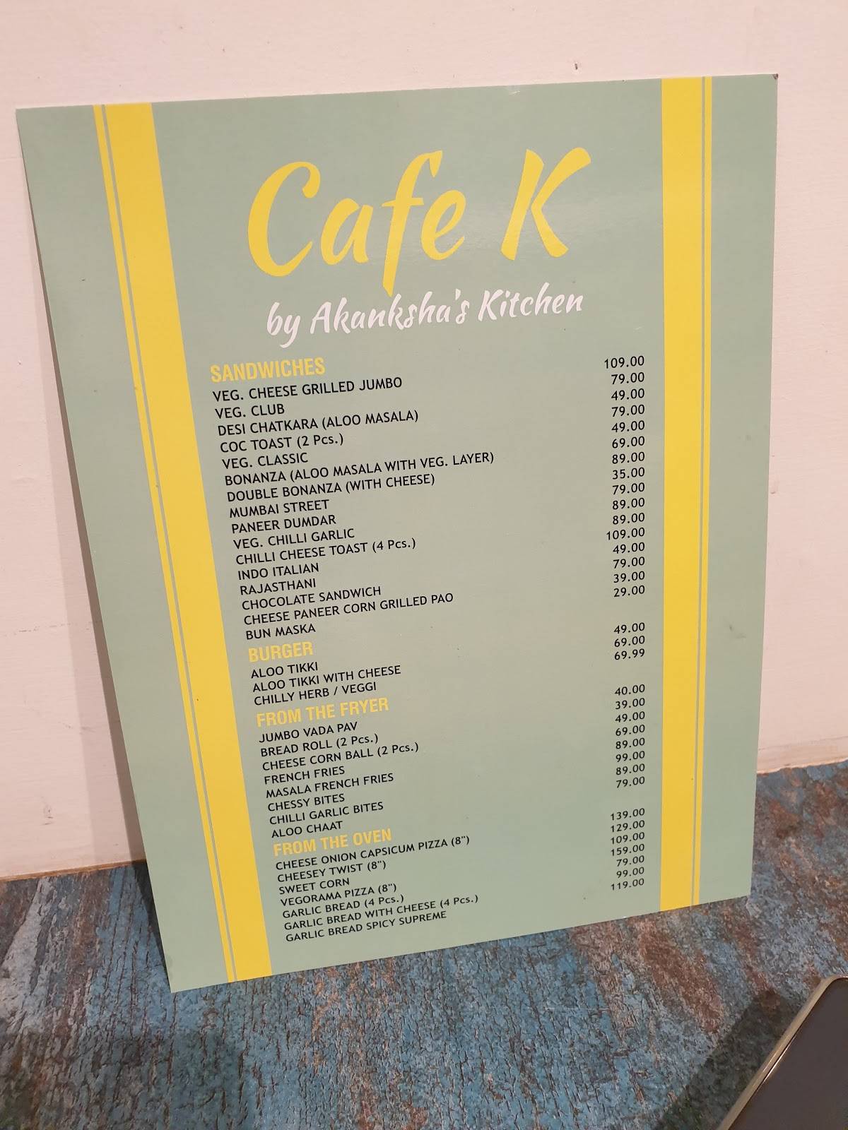 Menu at Cafe K, Jaipur