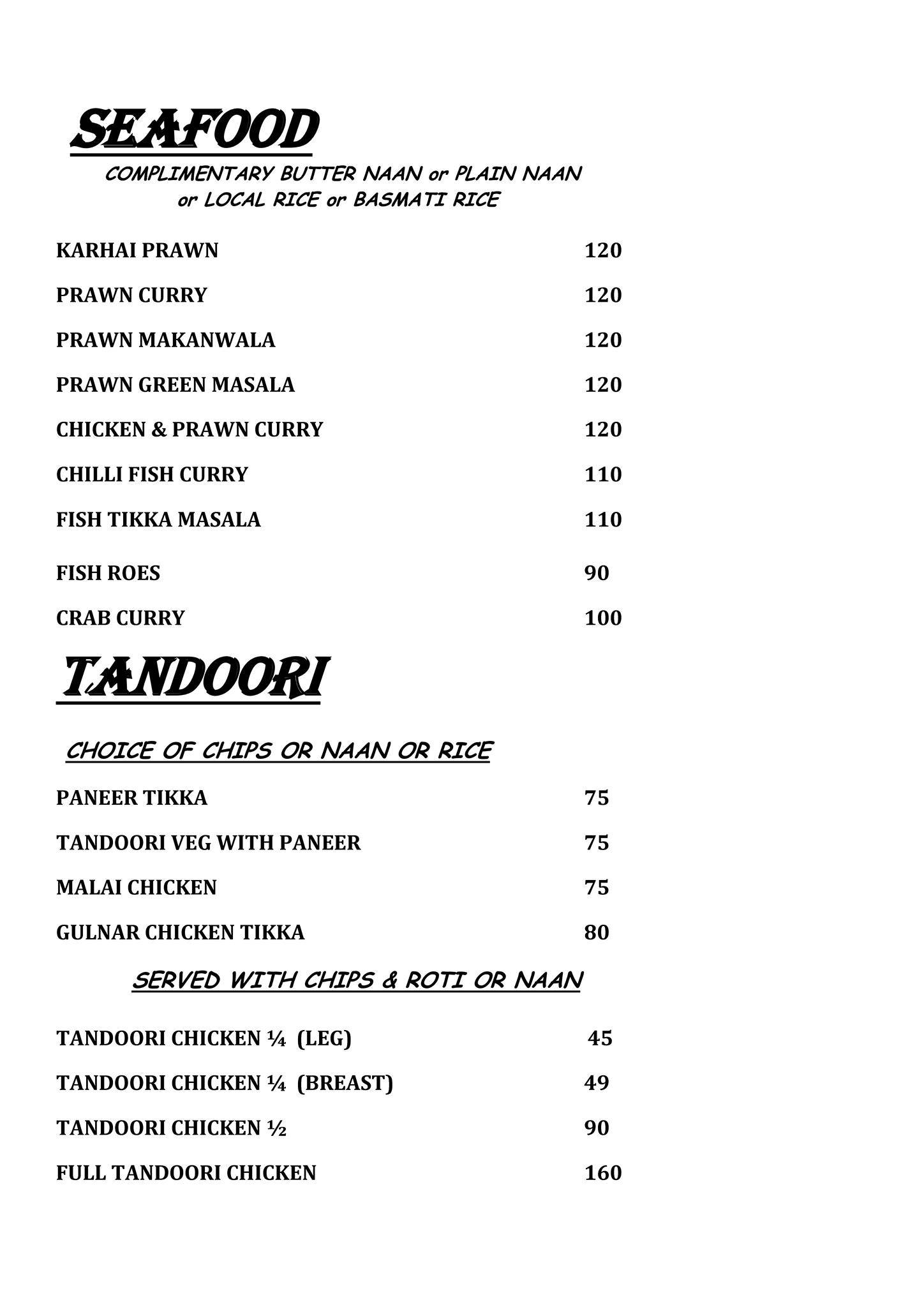 Menu at Jaipur Palace Restaurant, Durban