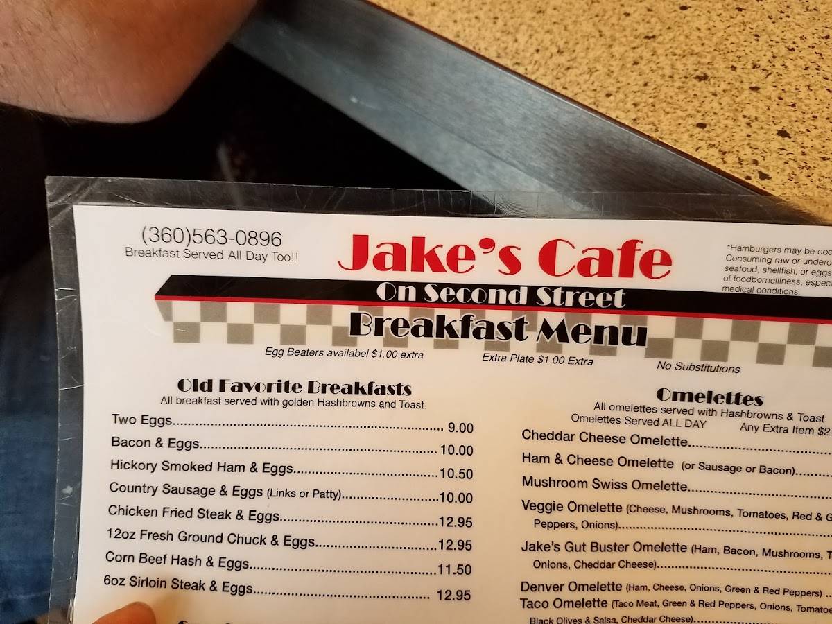Menu at Jake's Cafe on 2nd Street, Snohomish