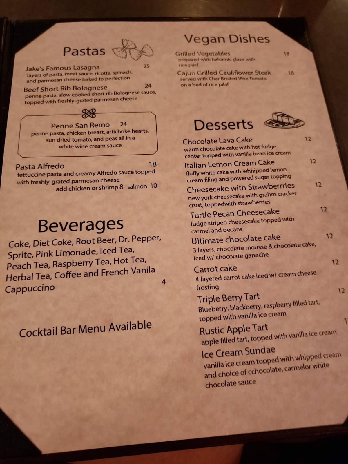 Menu at Jake's Steakhouse, Tehachapi