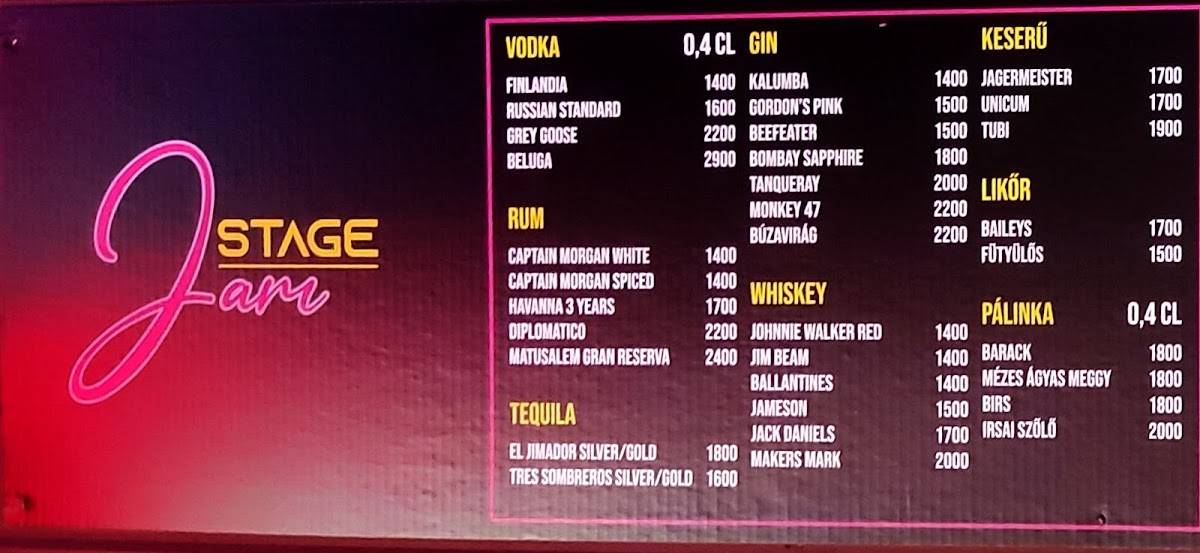 Menu at Jam Stage Bar, Budapest