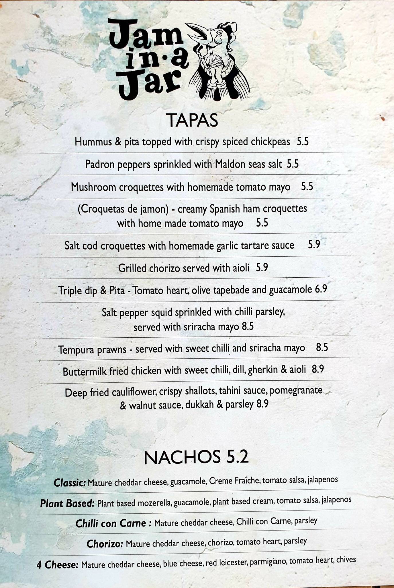 Menu at Jam in a Jar pub & bar, London