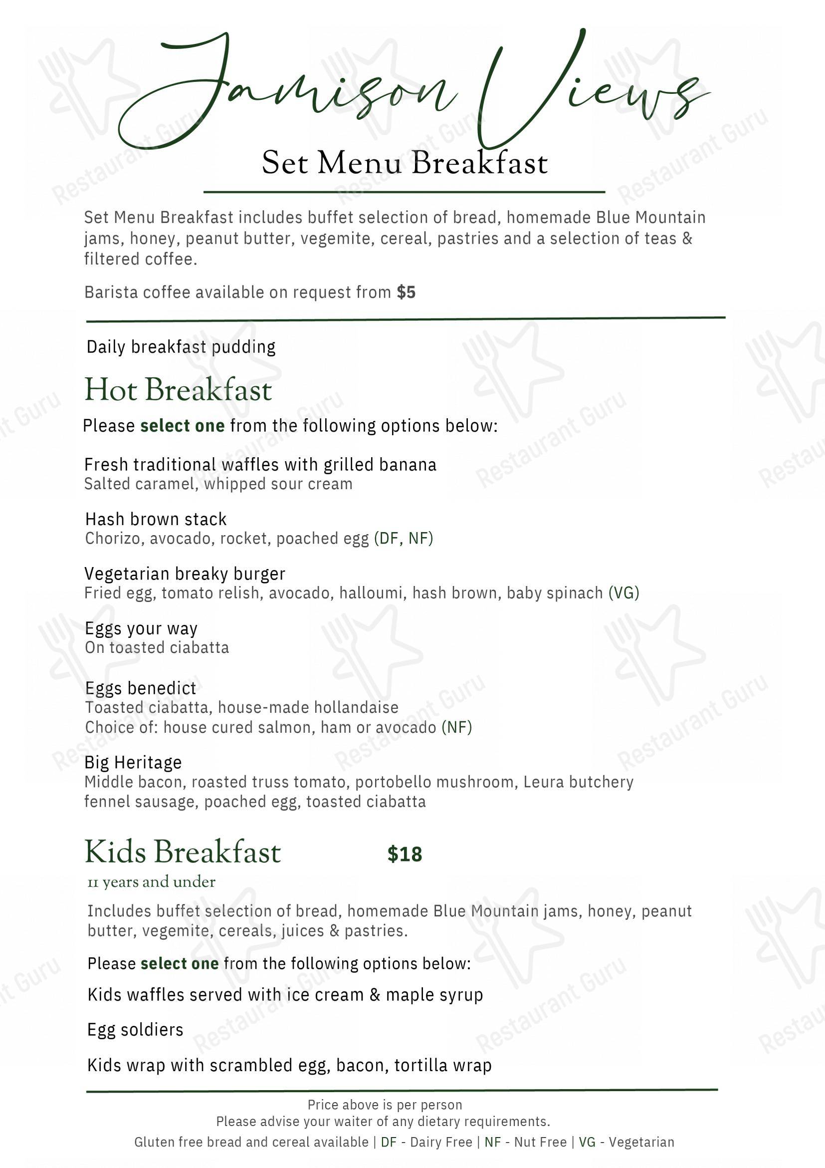 Menu at Jamison Views Restaurant, Katoomba, 10 Apex St 6