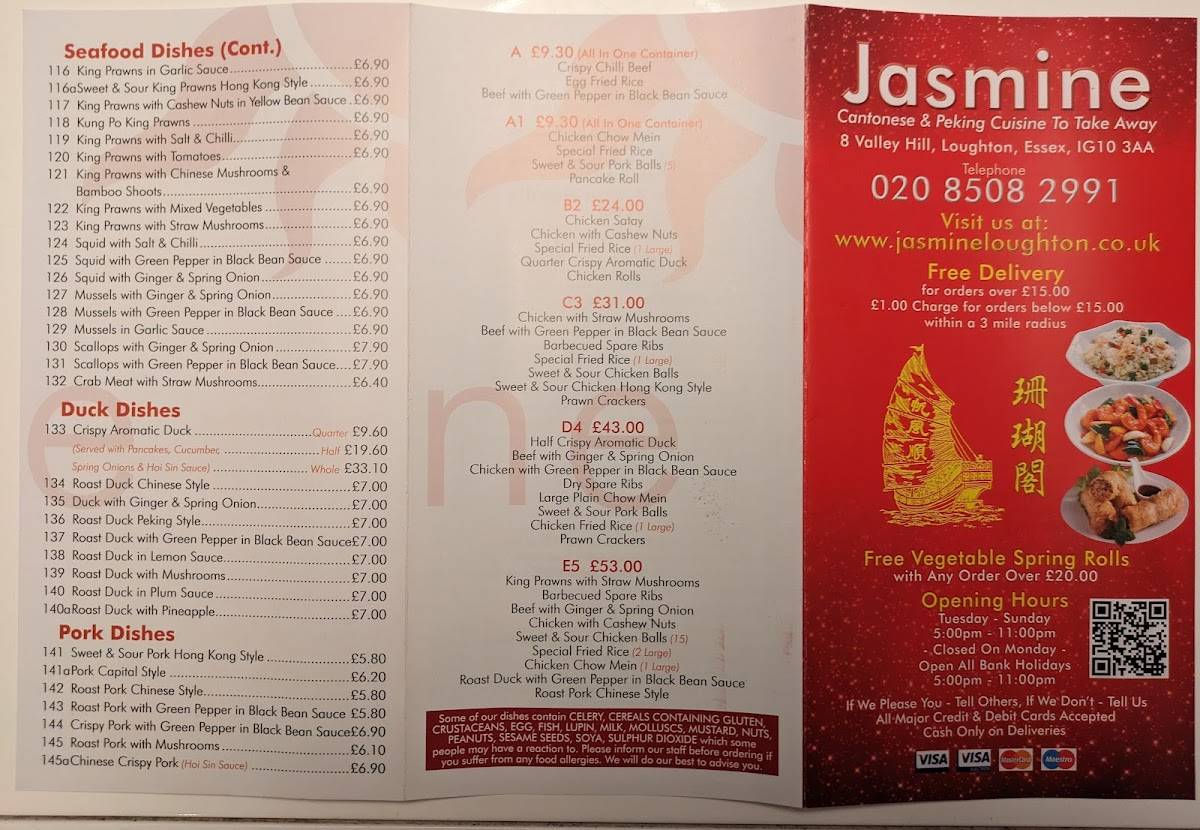 Menu at Jasmine fast food, Loughton, 8 Valley Hill