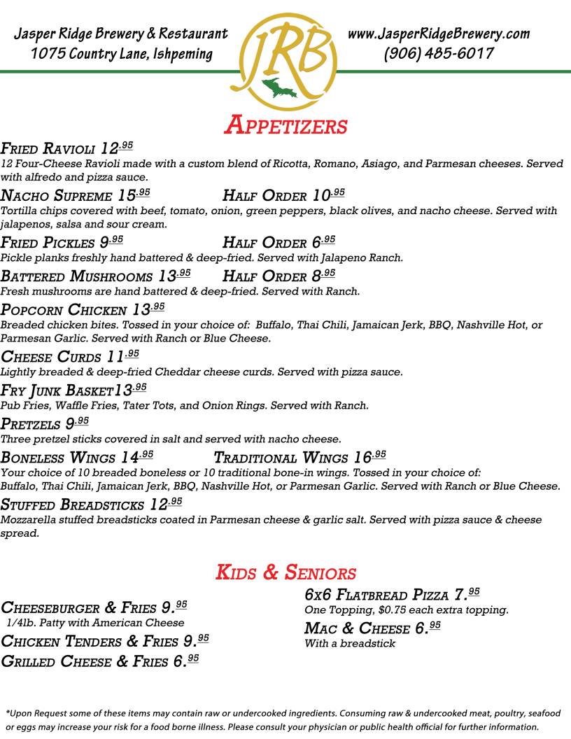 Menu at Jasper Ridge Brewery & Restaurant, Ishpeming