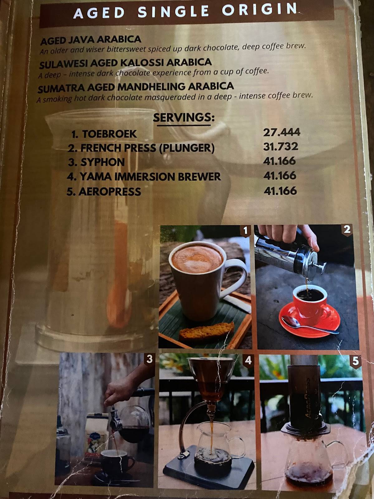 Carta del café Java Dancer Coffee, Malang