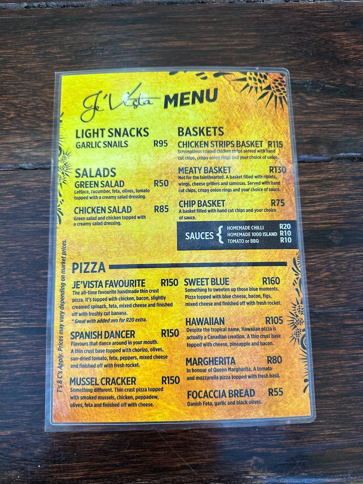 Menu at Je'Vista Social Cafe, Jeffreys Bay