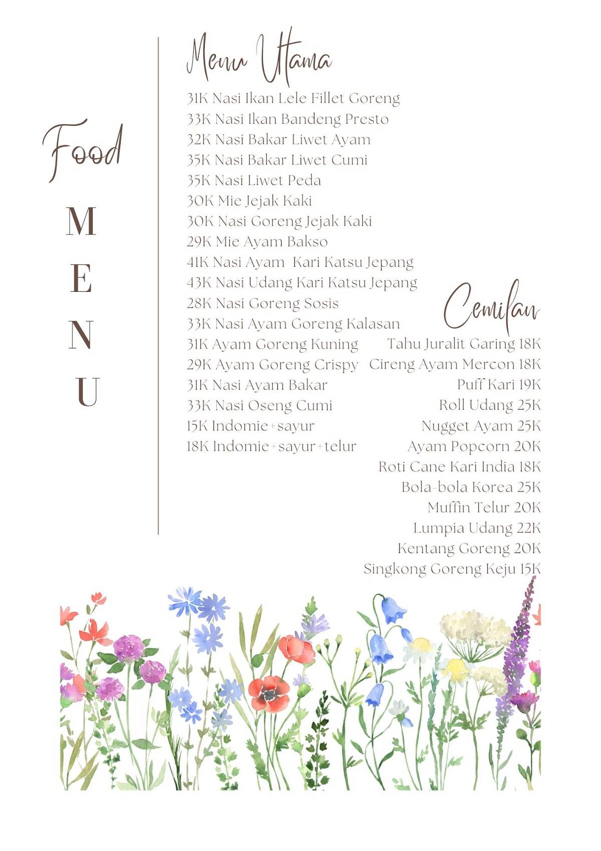 Menu at Jejak Kaki restaurant, Mekar Bakti