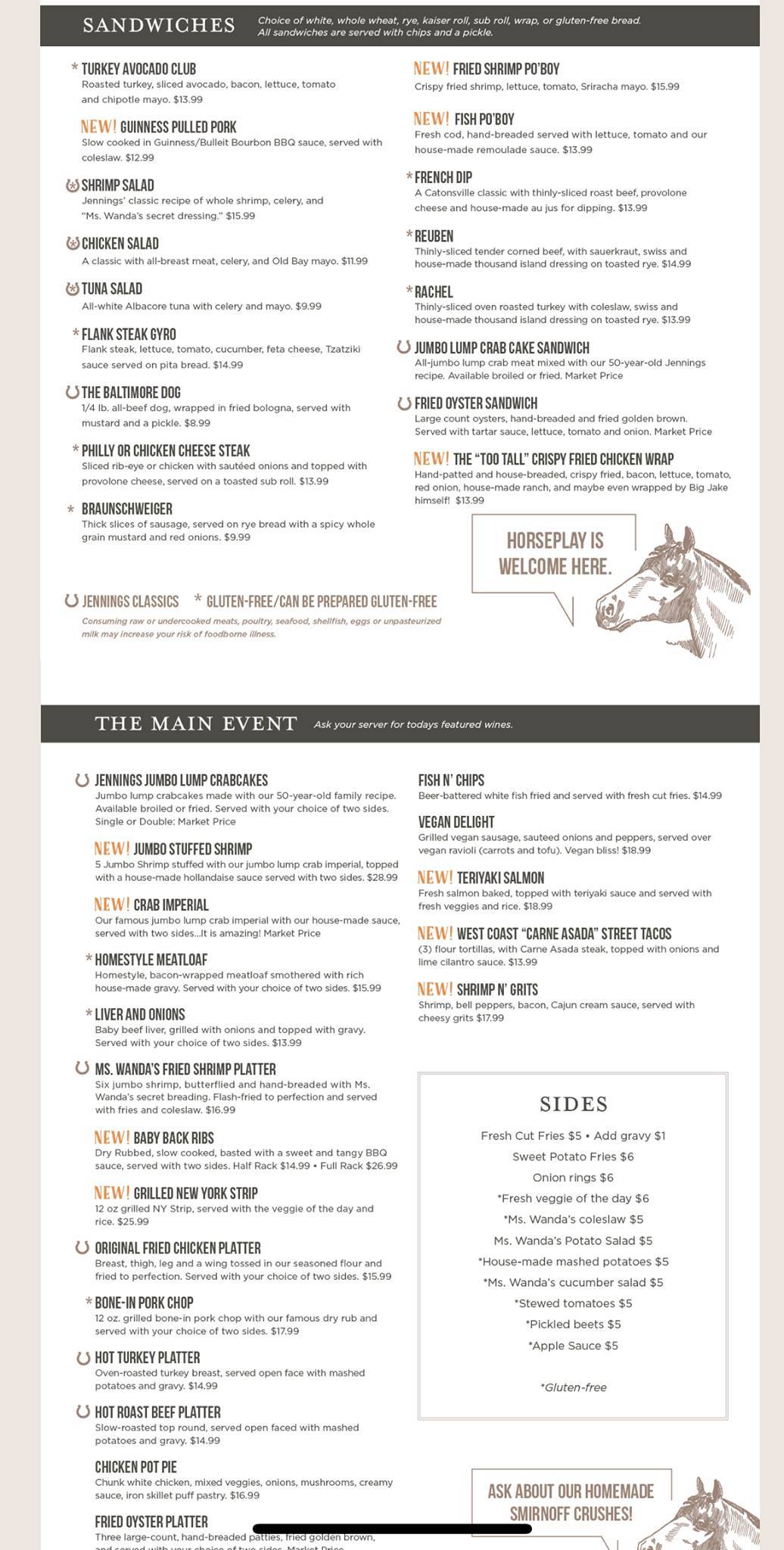 Menu at Jennings Cafe, Catonsville