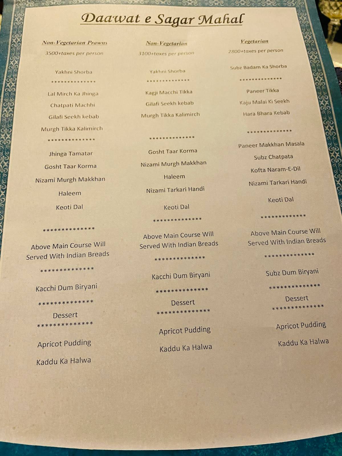 Menu at Jewel of Nizam - The Minar, Hyderabad, The Golkonda Resort
