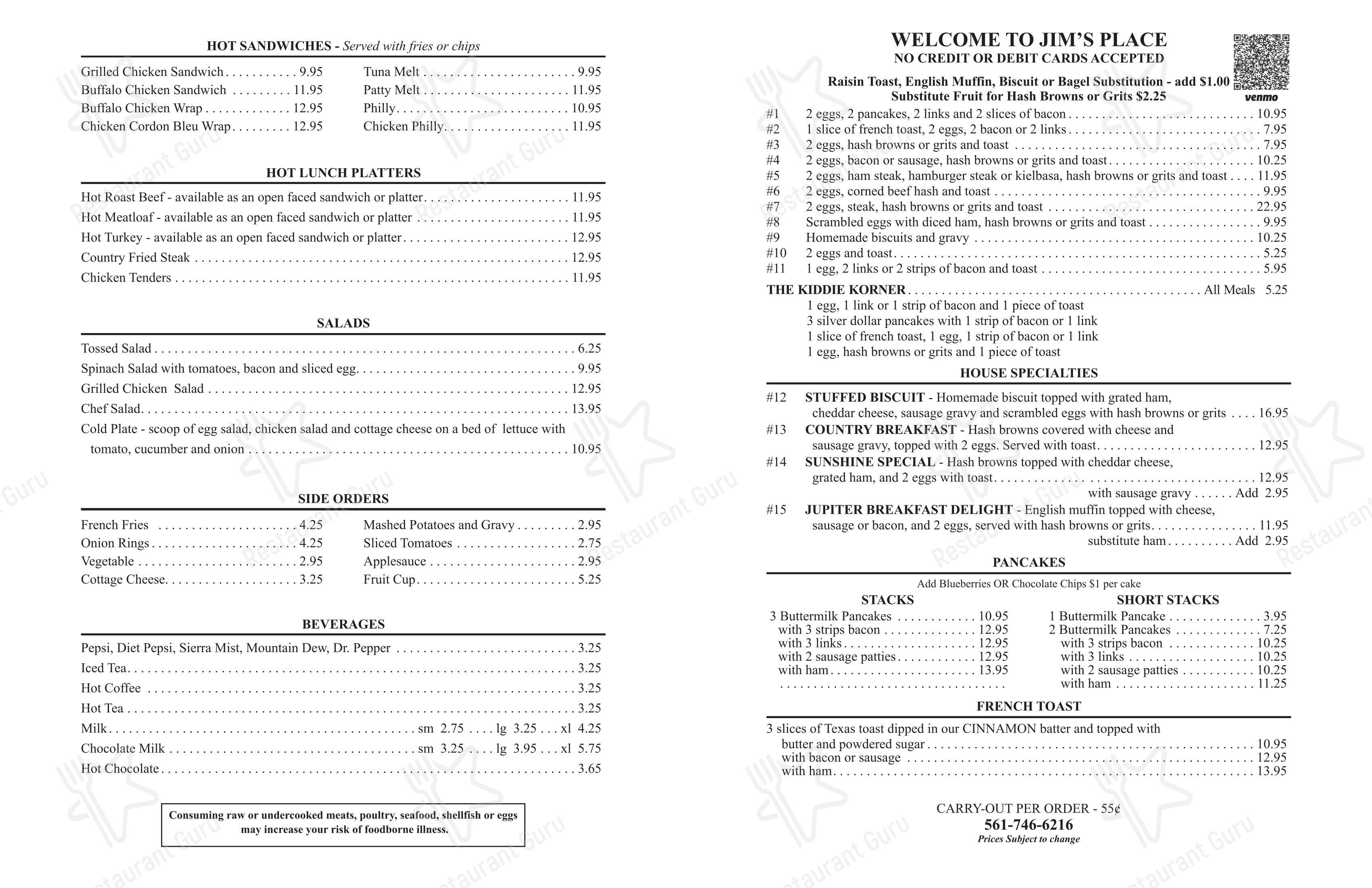 Menu at Jim's Place restaurant, Jupiter