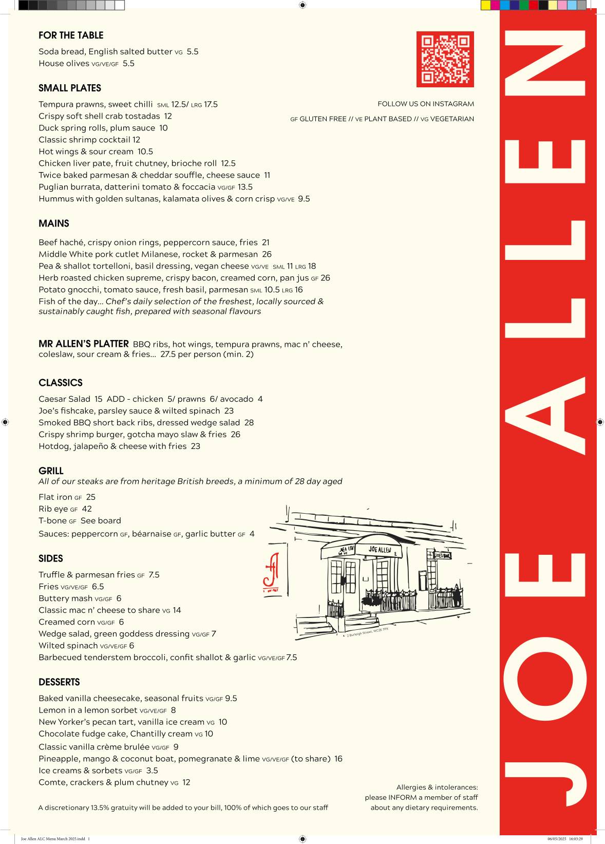 Menu at Joe Allen pub & bar, London