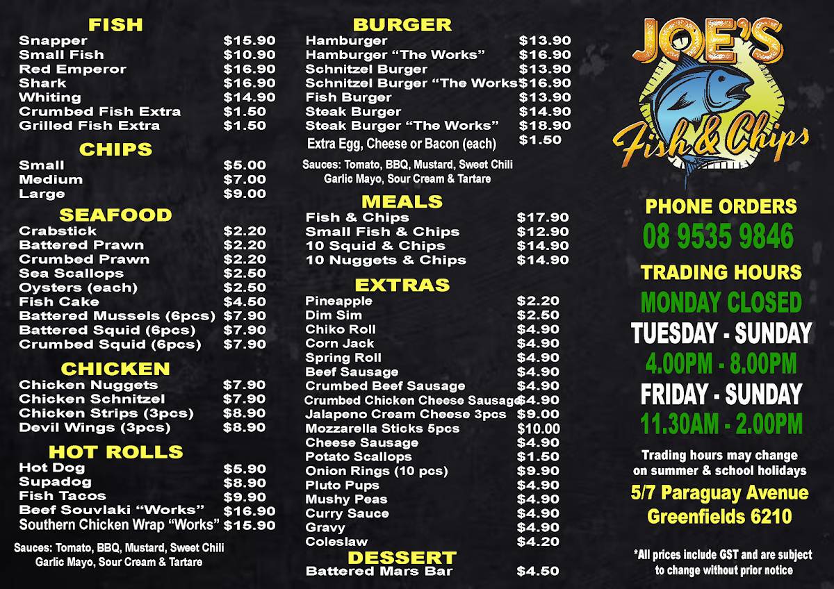 Menu at Joe's Fish & Chips restaurant, Greenfields