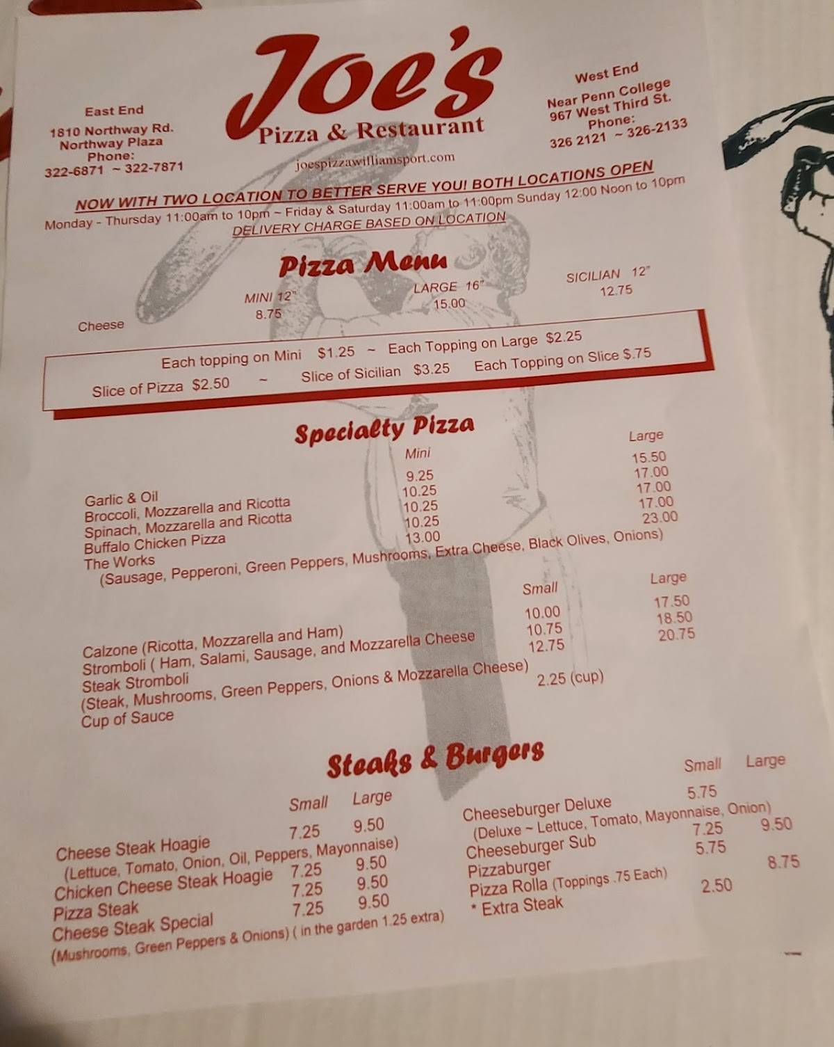 Menu at Joe's Pizza (east end) Loyalsock pizzeria, Williamsport