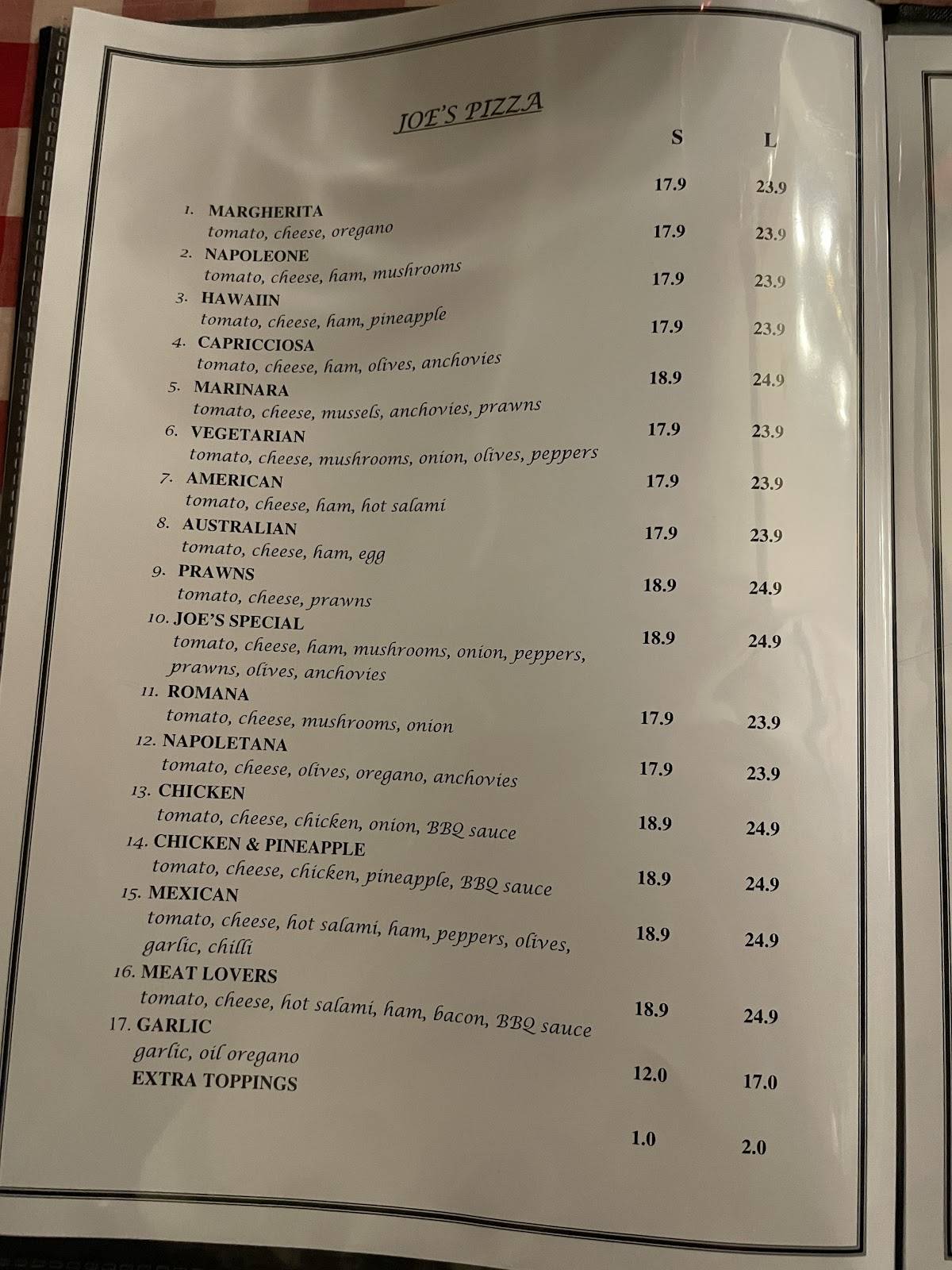 Menu at Joe's of Mentone restaurant, Mentone