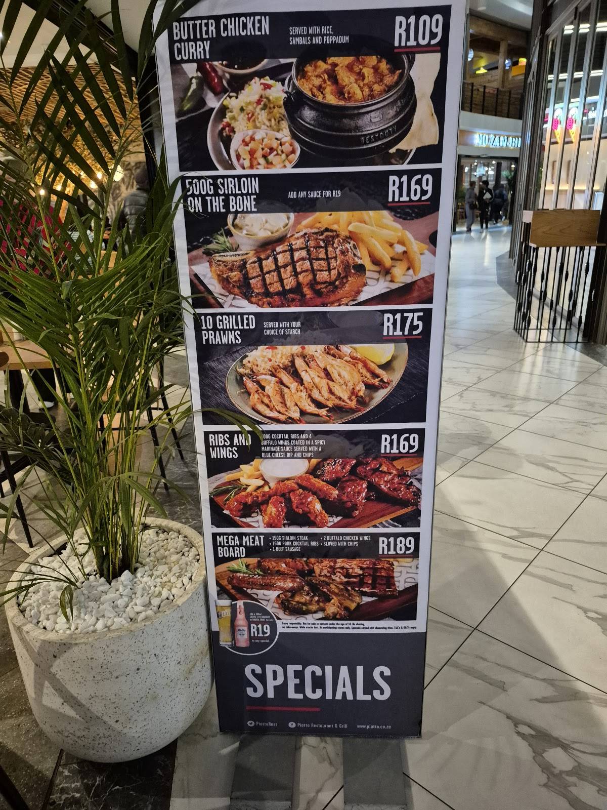 Menu at Piatto Eastgate restaurant, Johannesburg, Eastgate Shopping Centre