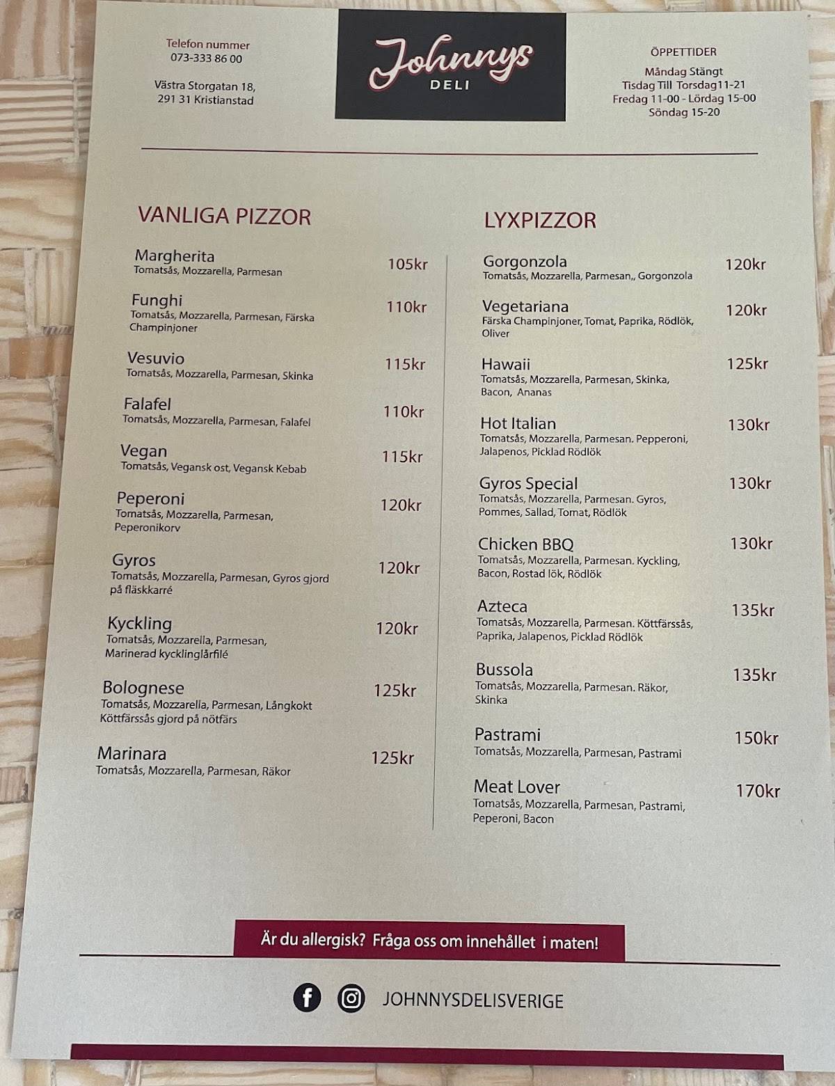 Menu at Johnnys Deli restaurant, Kristianstad
