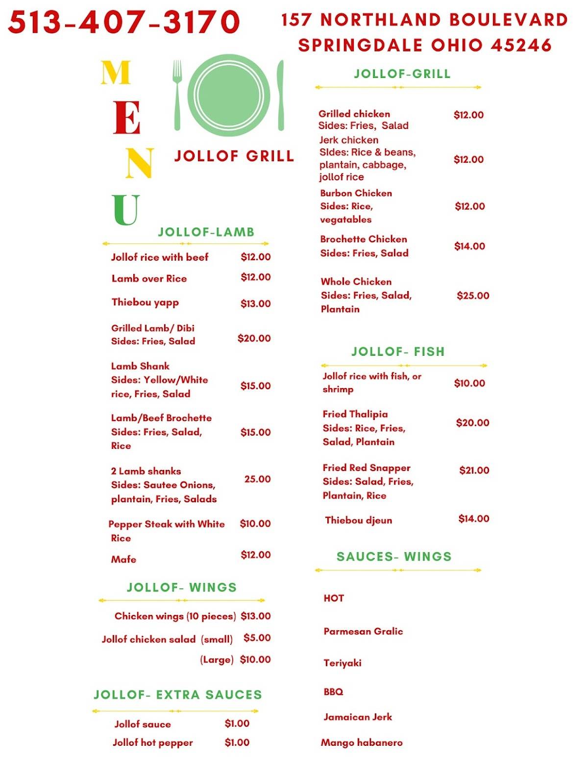 Menu at Jollof Grill restaurant, Cincinnati