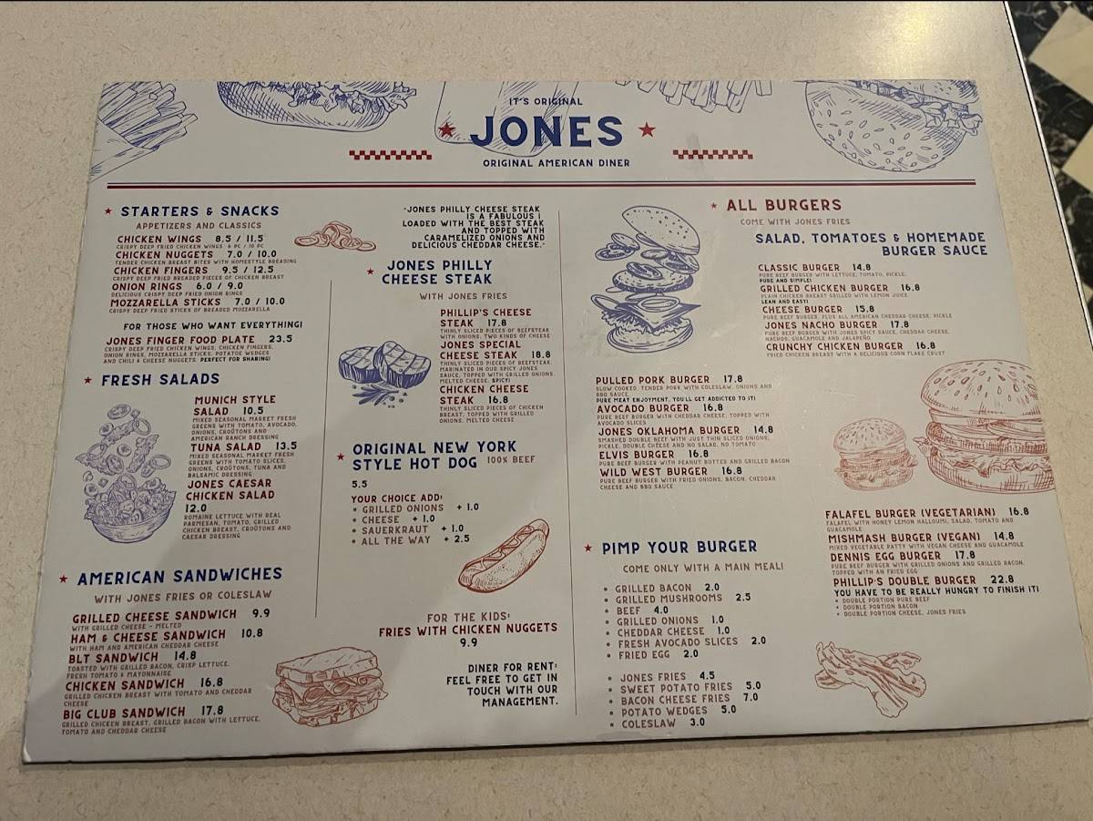 Menu at Jones Original American Diner restaurant, Munich