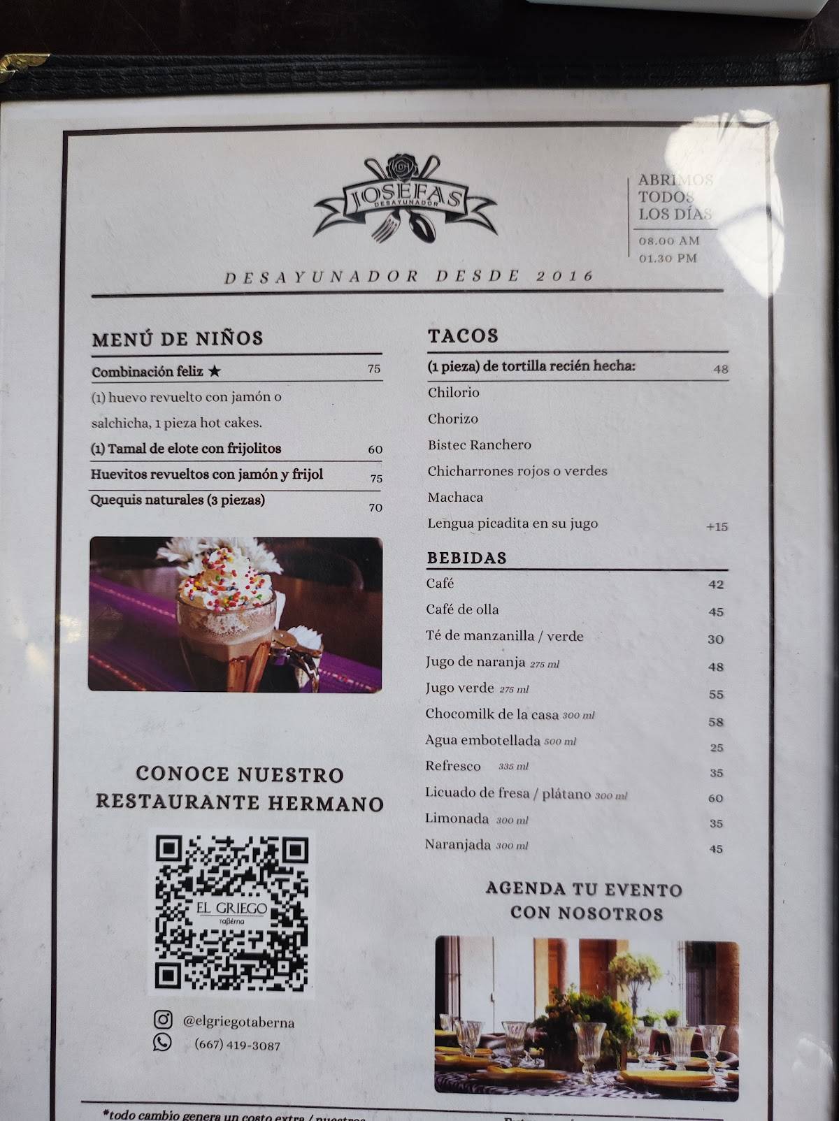 Carta del restaurante Josefa's Desayunador, Culiacán Rosales