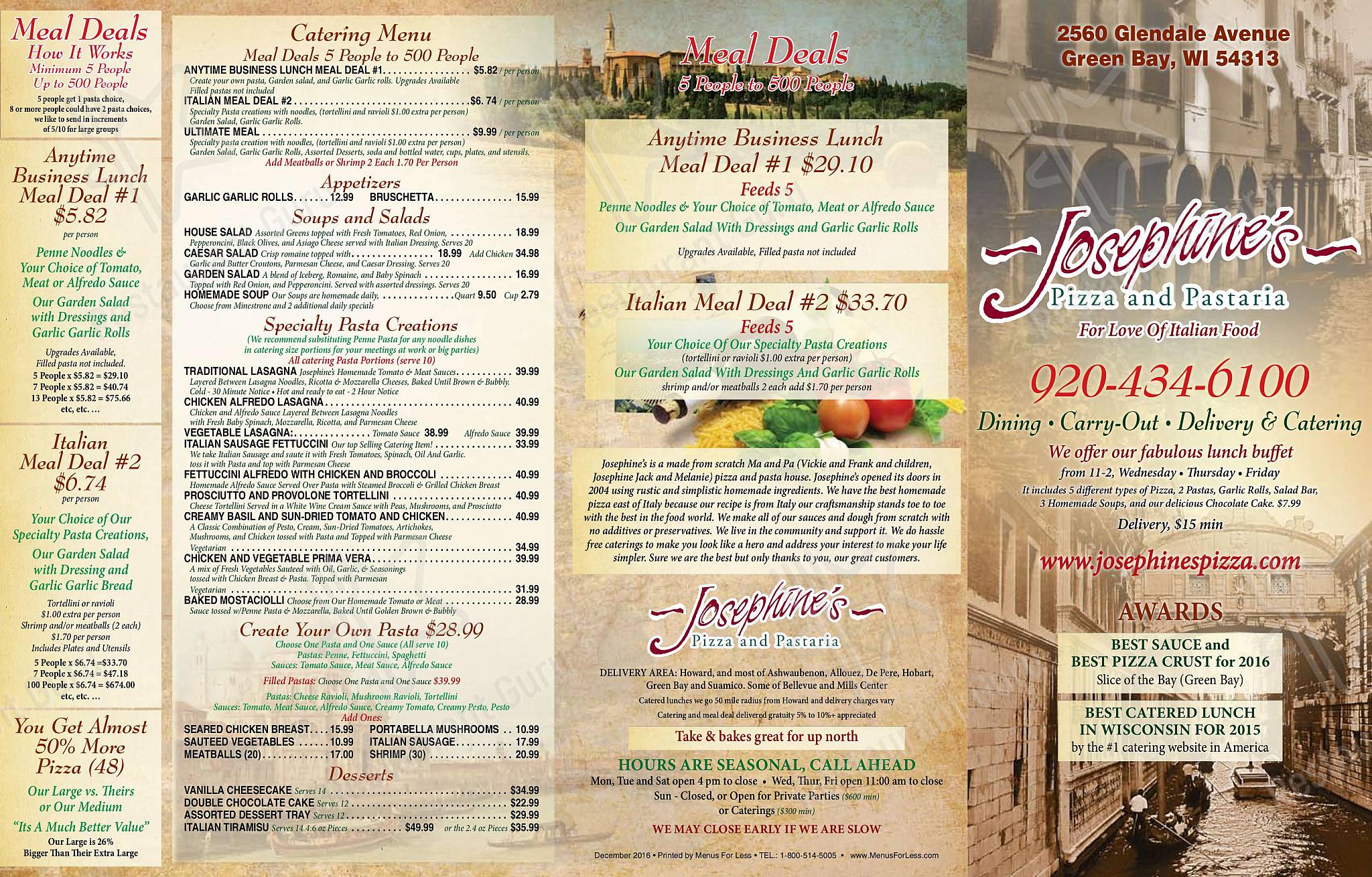 Menu at Josephine's Pizza & Pastaria pizzeria, Green Bay