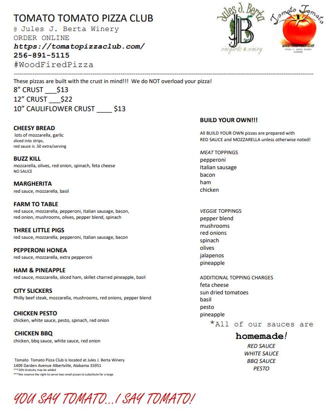Menu at Jules J Berta Vineyards pizzeria, Albertville