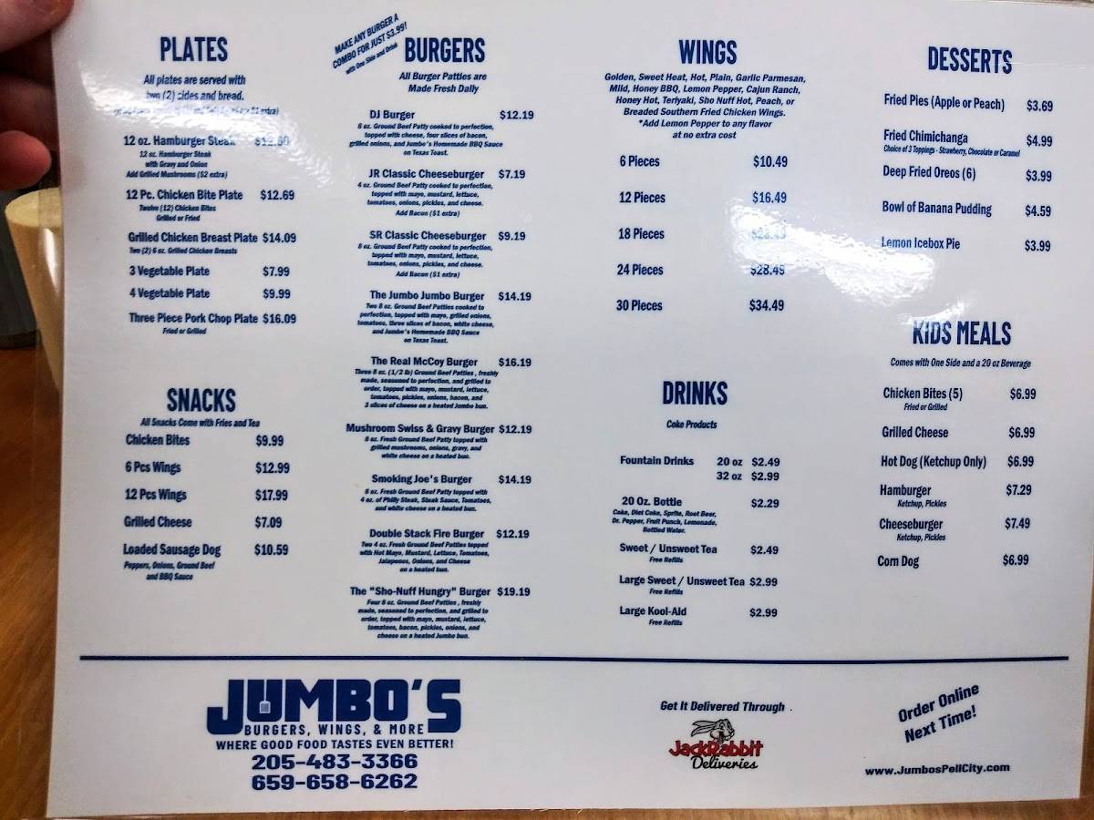 Menu at Jumbo's Burgers, Wings & More restaurant, Pell City, 385 Old ...
