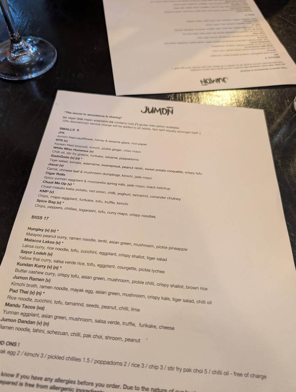 Menu at Jumon restaurant, Belfast